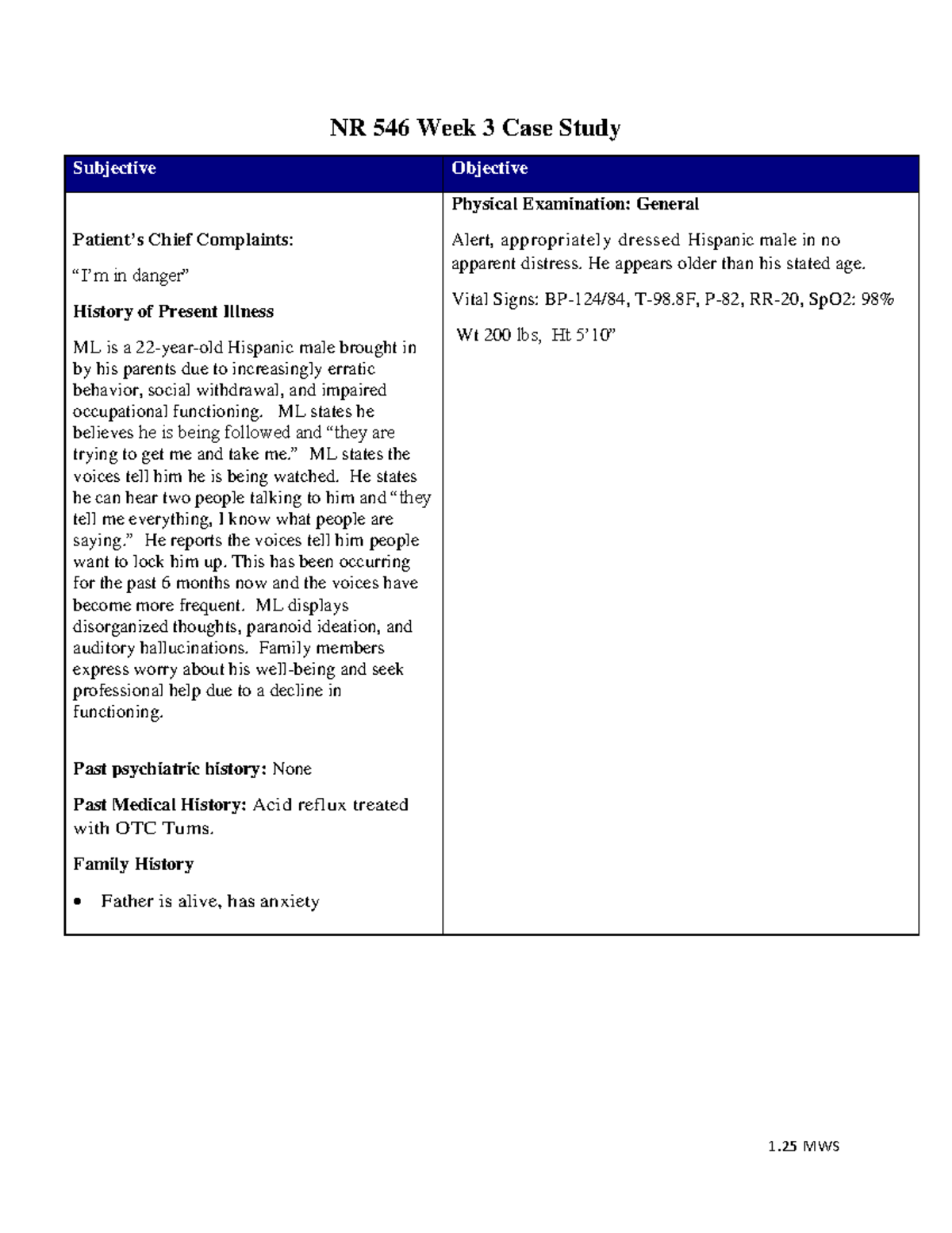 NR 546 Week 3 Case Study: Subjective & Objective Exam of ML - Studocu