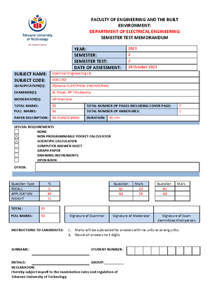 TUT B tech Electrical Engineering - BACCALAUREUS TECHNOLOGIAE ...