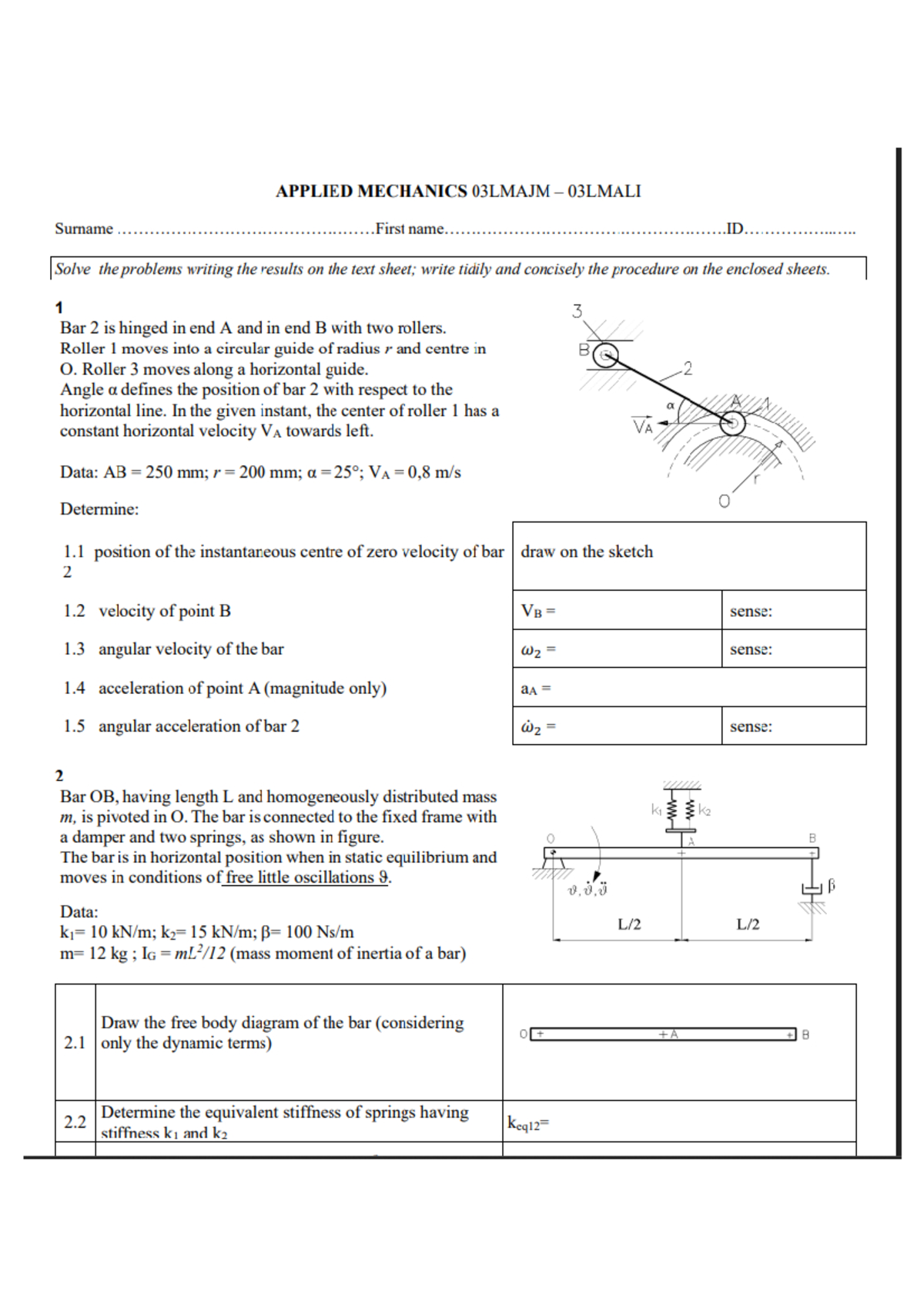 Past Applied Mechanics Exam 03LMAJM: Problem Solving Guide - Studocu