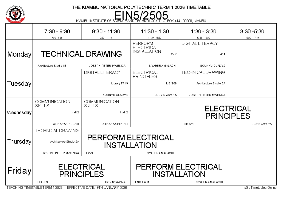 KIAMBU POLYTECHNIC TERM 1 2026 ELECTRICAL CLASS TIMETABLE - Studocu