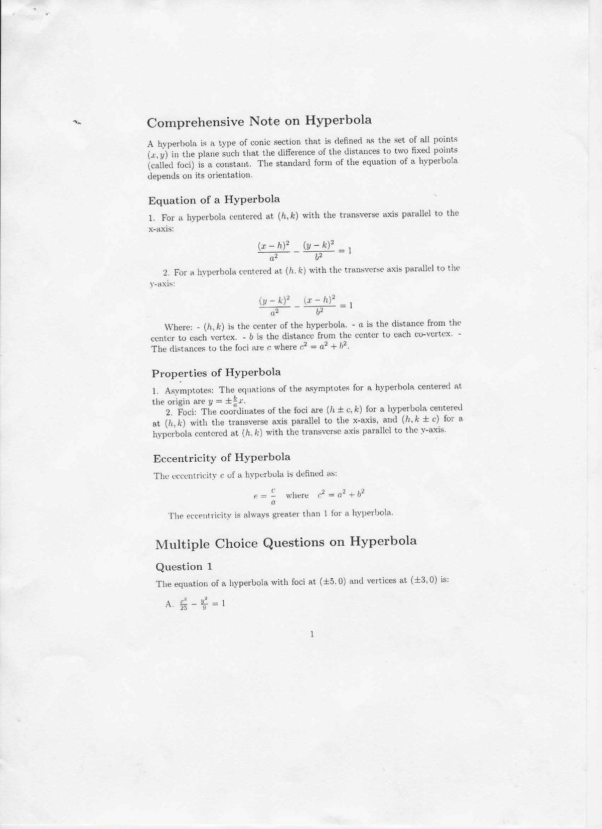 Hyperbola - MTH 112 Lecture Notes and Key Concepts - Studocu