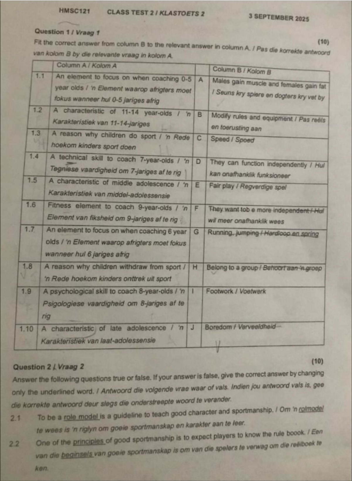 HMSC121 Class Test 2: Coaching Elements & Sport Characteristics - Studocu