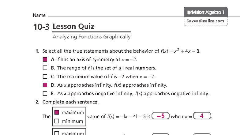 Aga 24 A1 1003 LQ Lesson Quiz: Analyzing Functions Graphically - Studocu