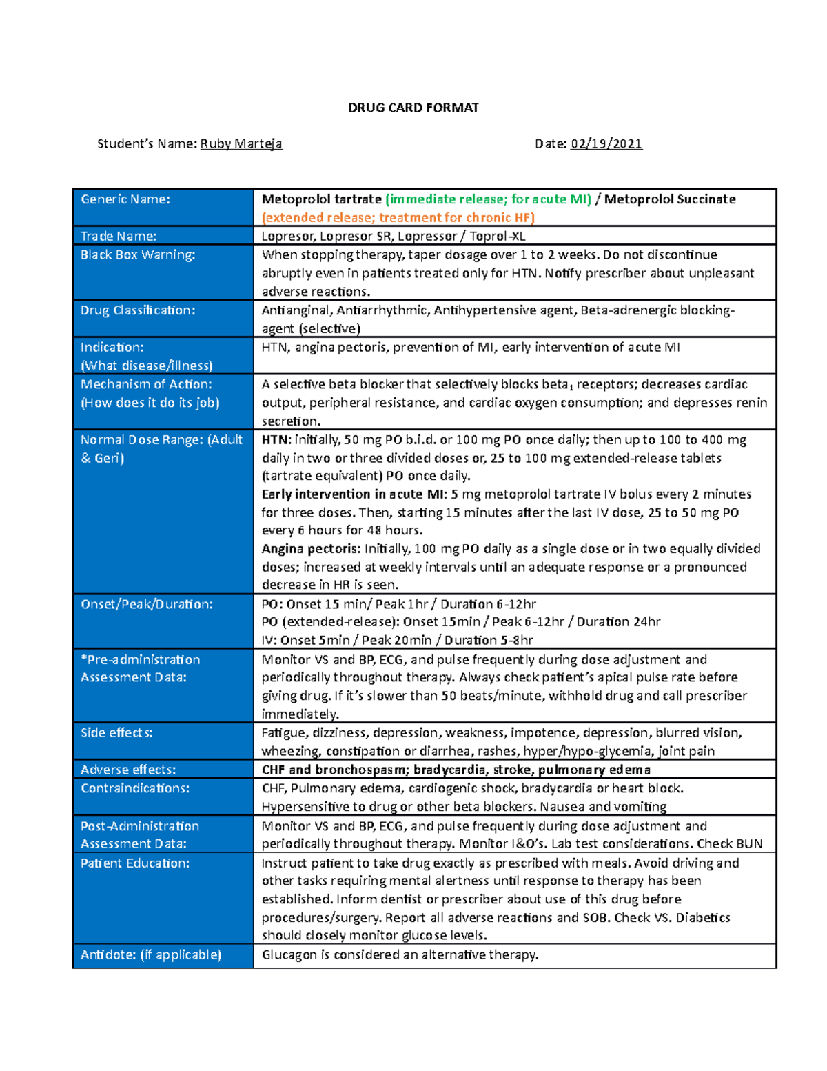 Drug Card-Metoprolol - DRUG CARD FORMAT Student’s Name: Ruby Marteja ...