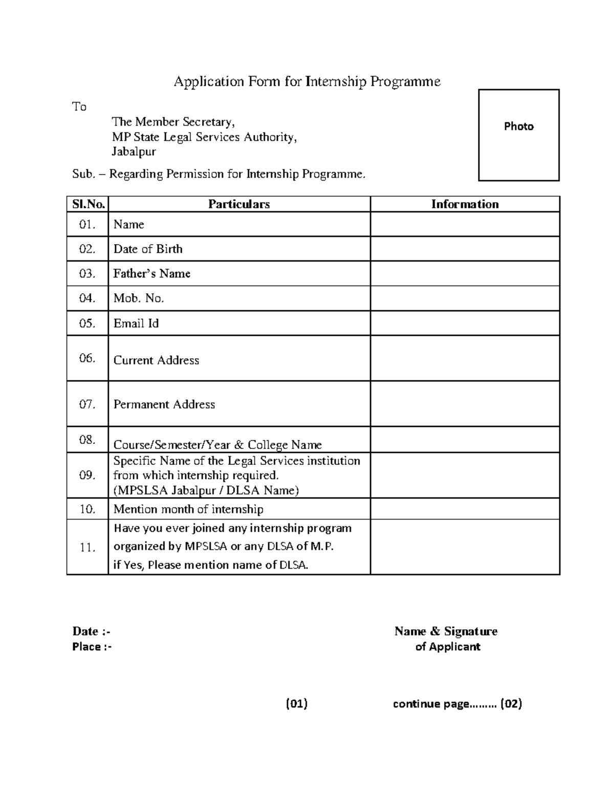 MPSLSA Internship Application Form - Jabalpur - Studocu