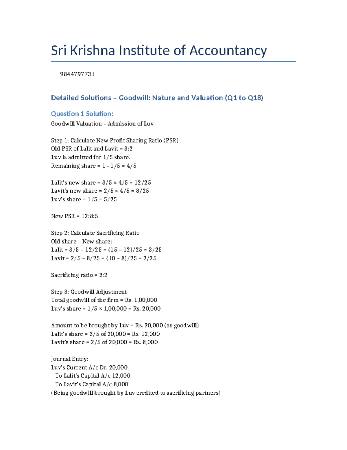 Goodwill Valuation Solutions for Q1 to Q6 - ACCT 9844797731 - Studocu