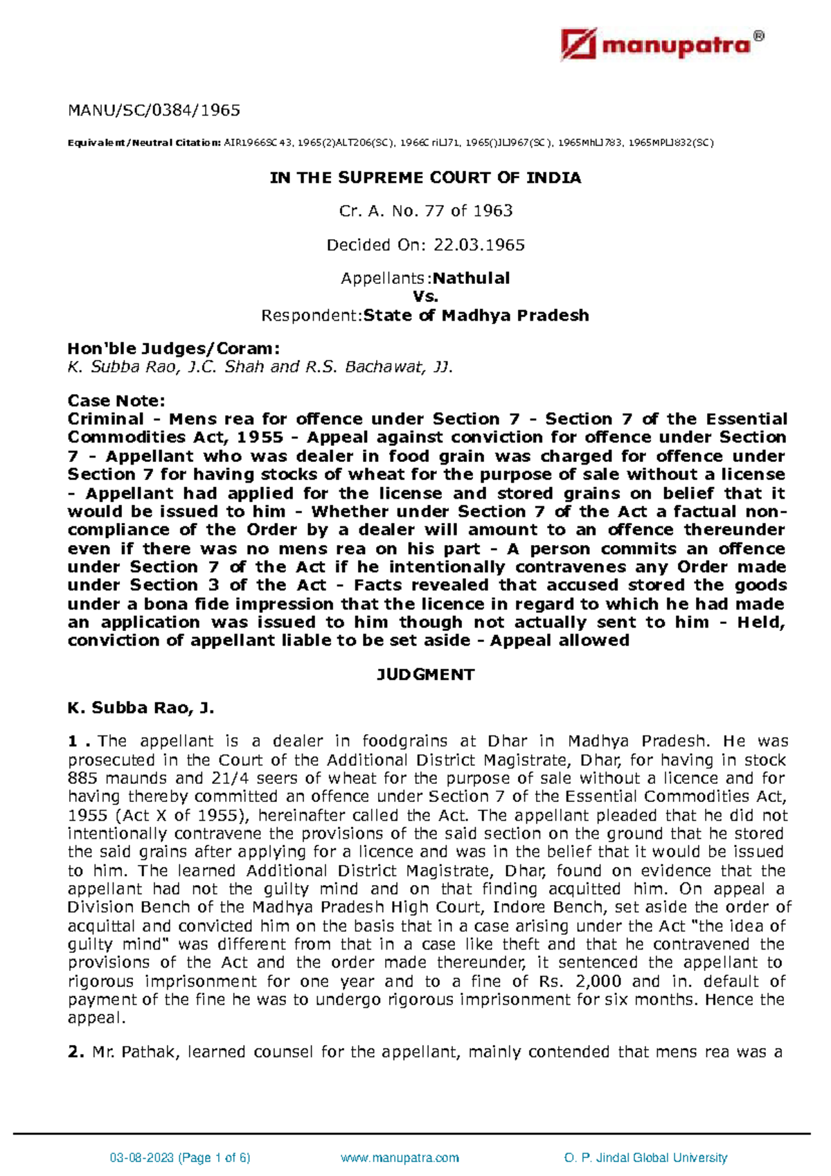 Nathulal v State of MP: Supreme Court Judgment Analysis (AIR 1966 SC 43 ...