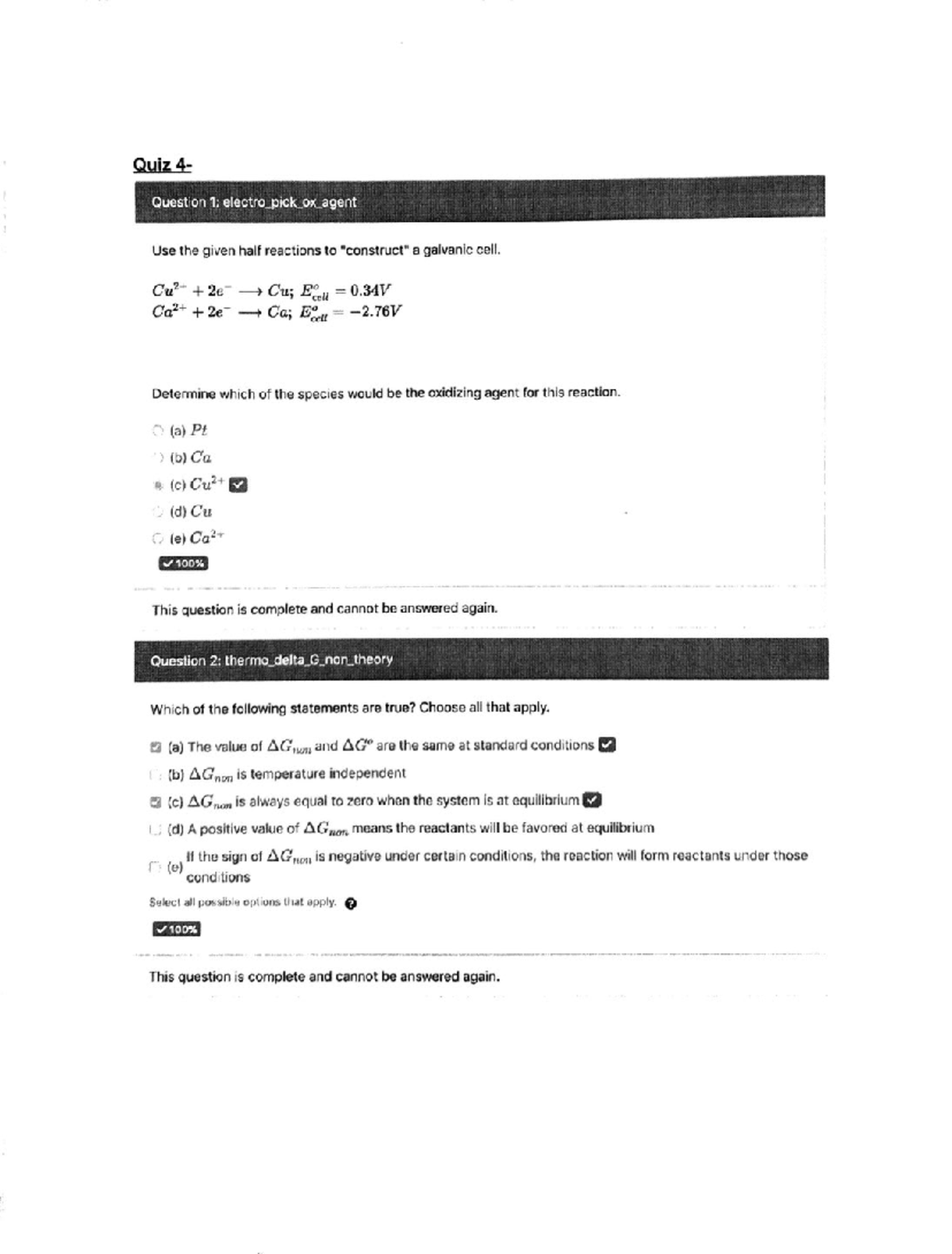 Chem 104 - Quiz 4 - Practice Questions on Redox and Thermodynamics ...