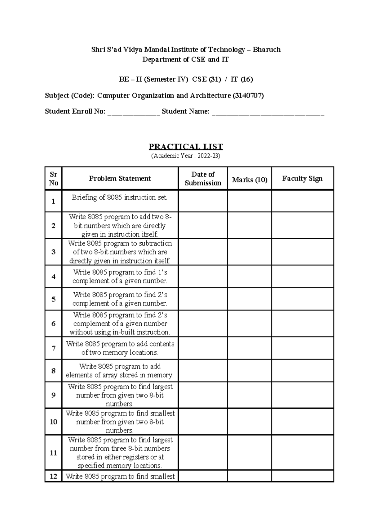 COA Practical List for BE II (Sem IV) - CSE (31) IT (16) - Studocu