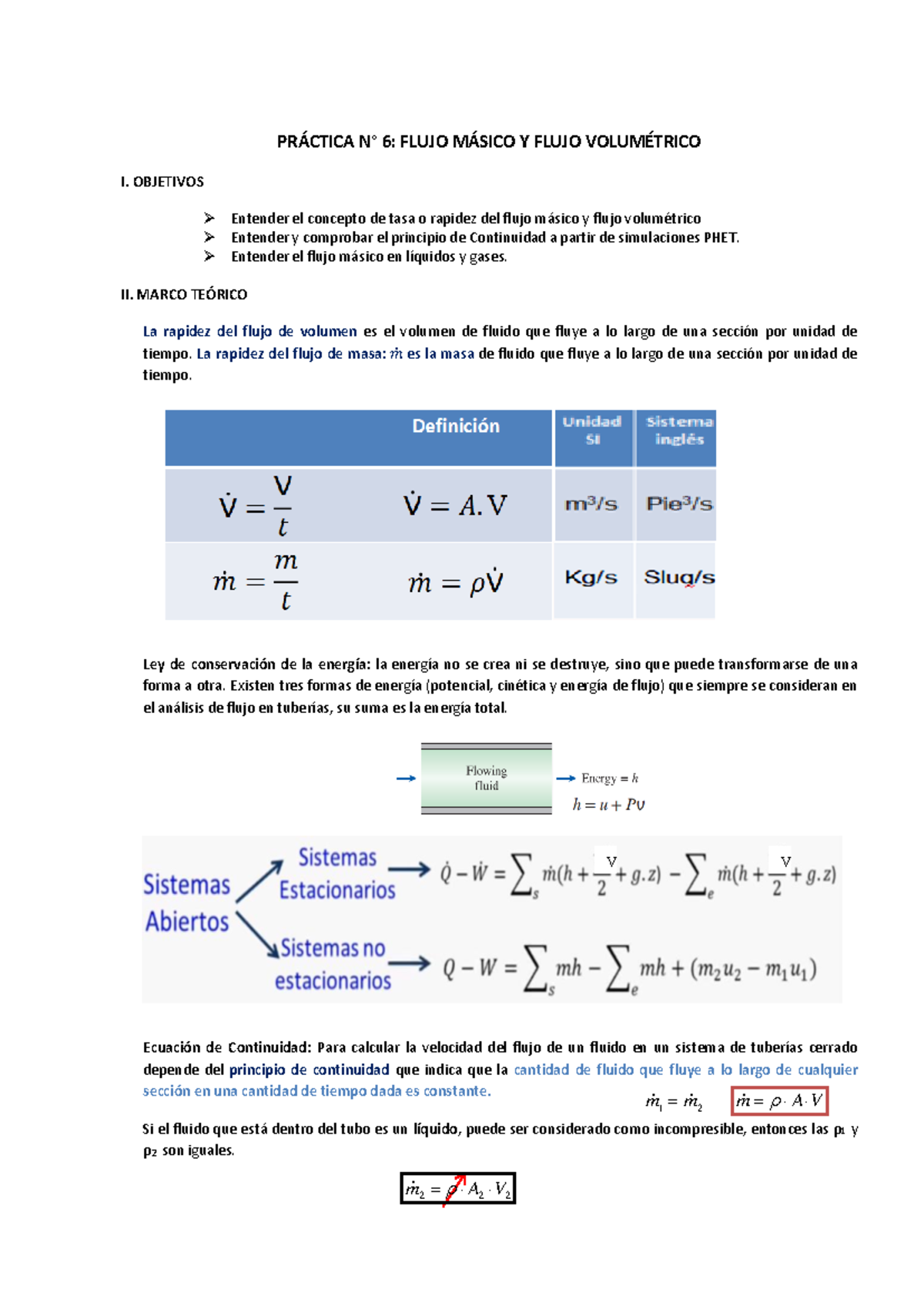 Lab 6 - Flujo másico y volumétrico - PR¡CTICA N∞ 6: FLUJO M¡SICO Y FLUJO VOLUM.. I. OBJETIVOS ...