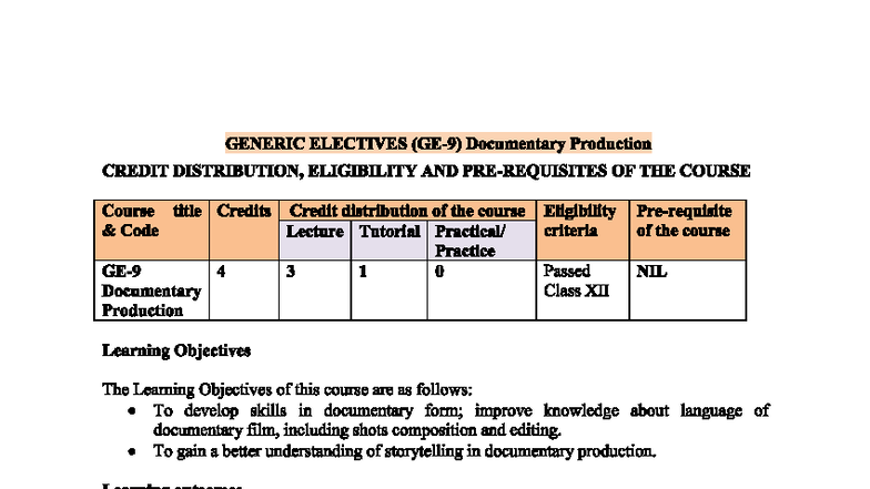 GENERIC ELECTIVES Documentary Production Course Syllabus & Credits ...