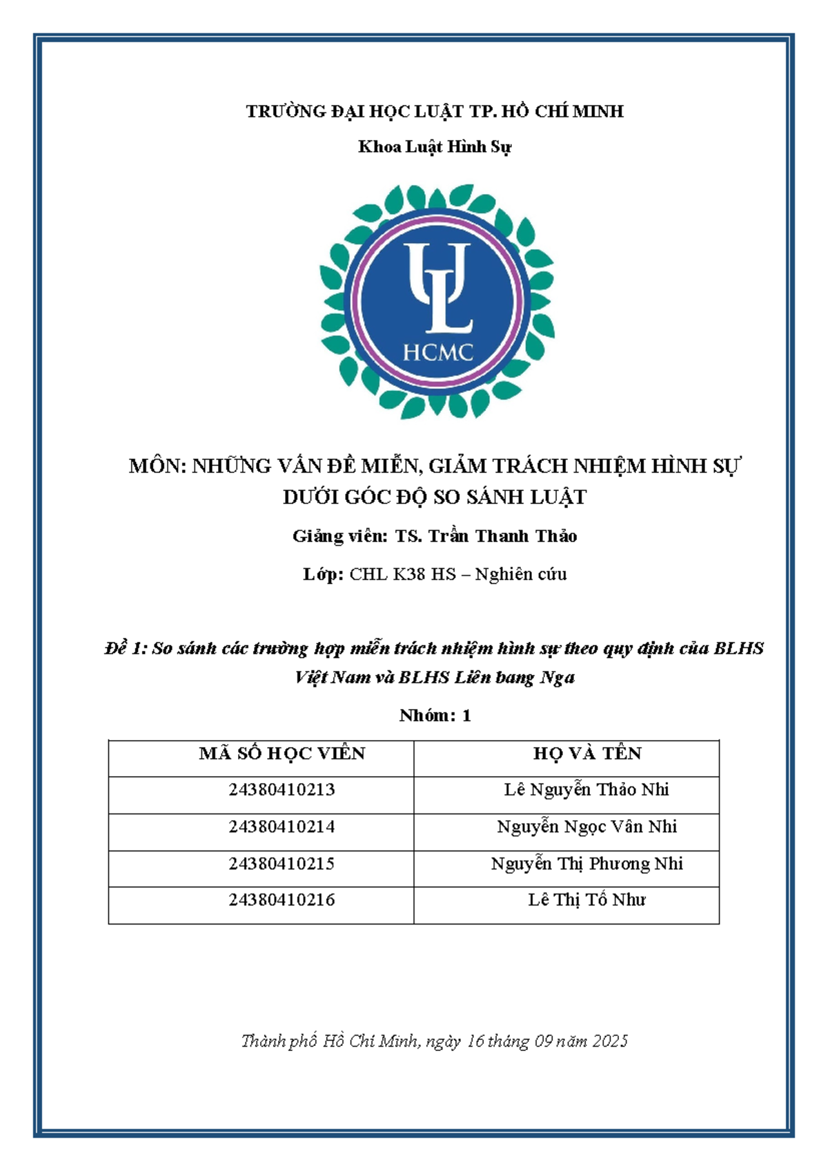 Tiểu luận CHL K38: So sánh miễn giảm TNHS giữa Việt Nam và Nga - Studocu