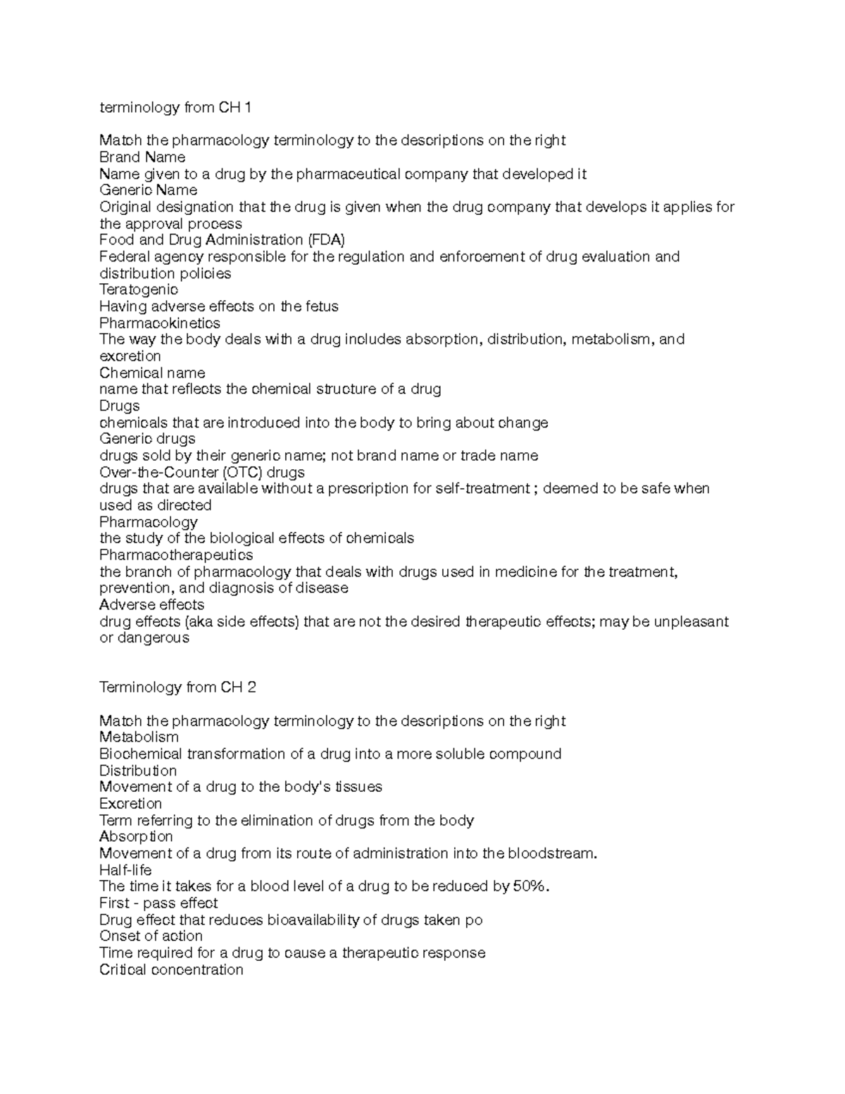 Pharmacology Terminology Review: CH 1-4 Notes for Study - Studocu