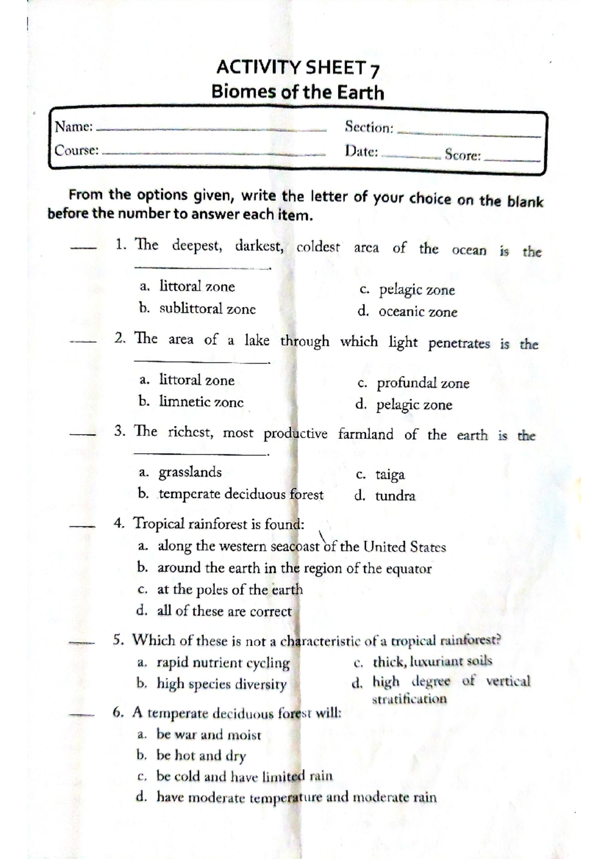 Environment Biomes - ACTIVITY SHEET 7 Biomes of the Earth Name: Section ...