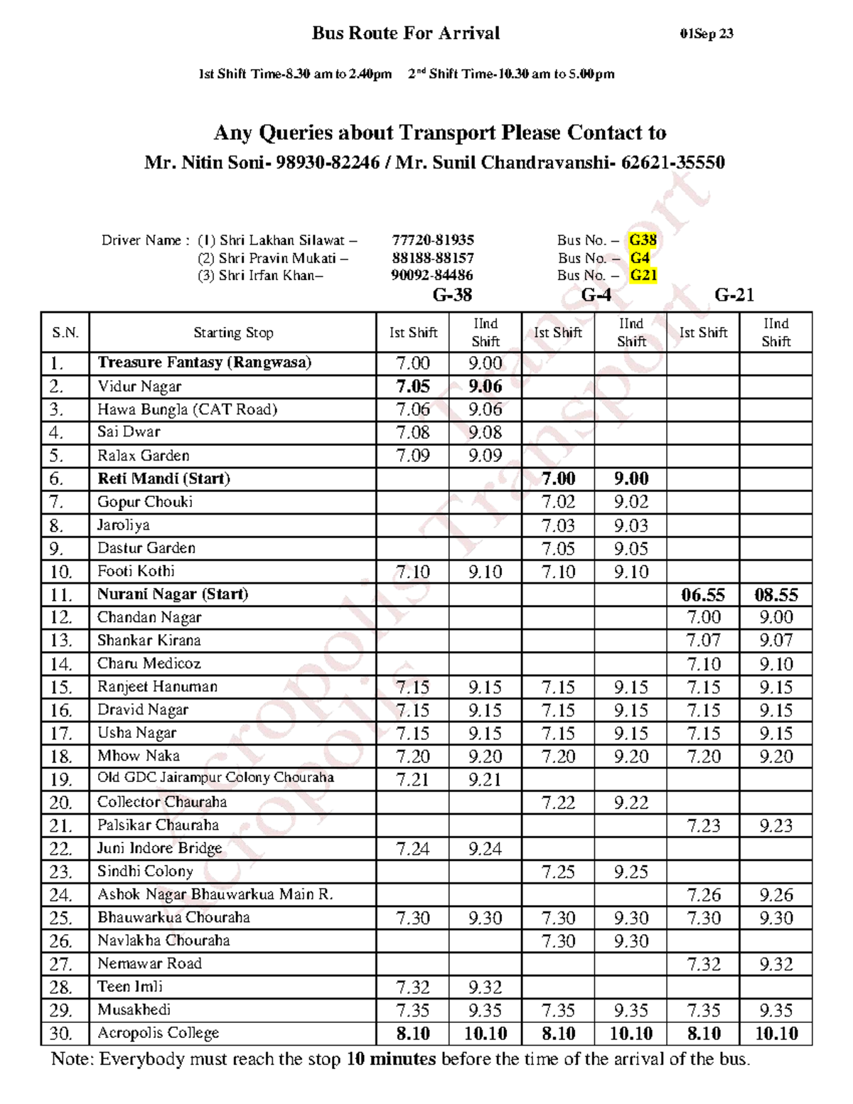Bus Route Schedule for Arrival: Ist & IInd Shift (Sep 2023) - Studocu