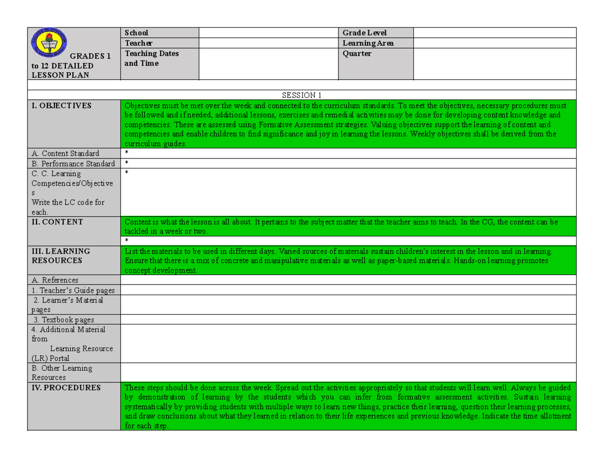 Detailed Lesson Plan Template for Grades 1-12 - Studocu