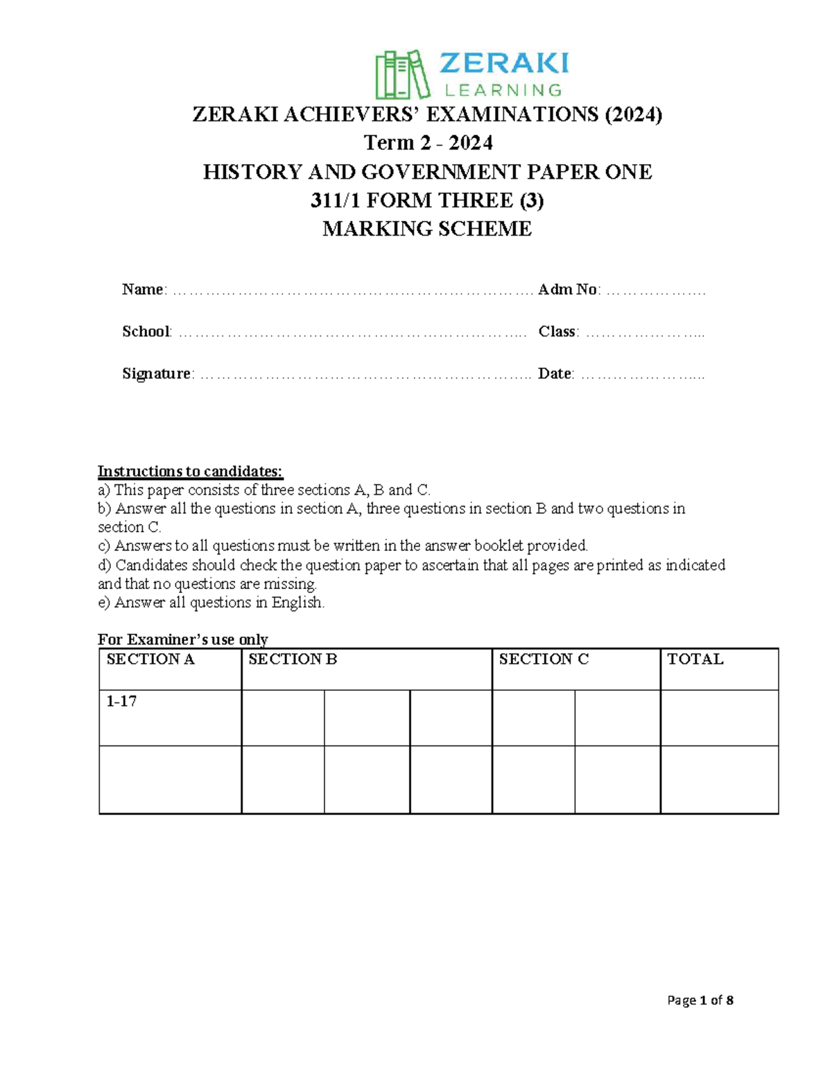 HIS 2024 Term 2 Form 3 History & Government Marking Scheme - Studocu
