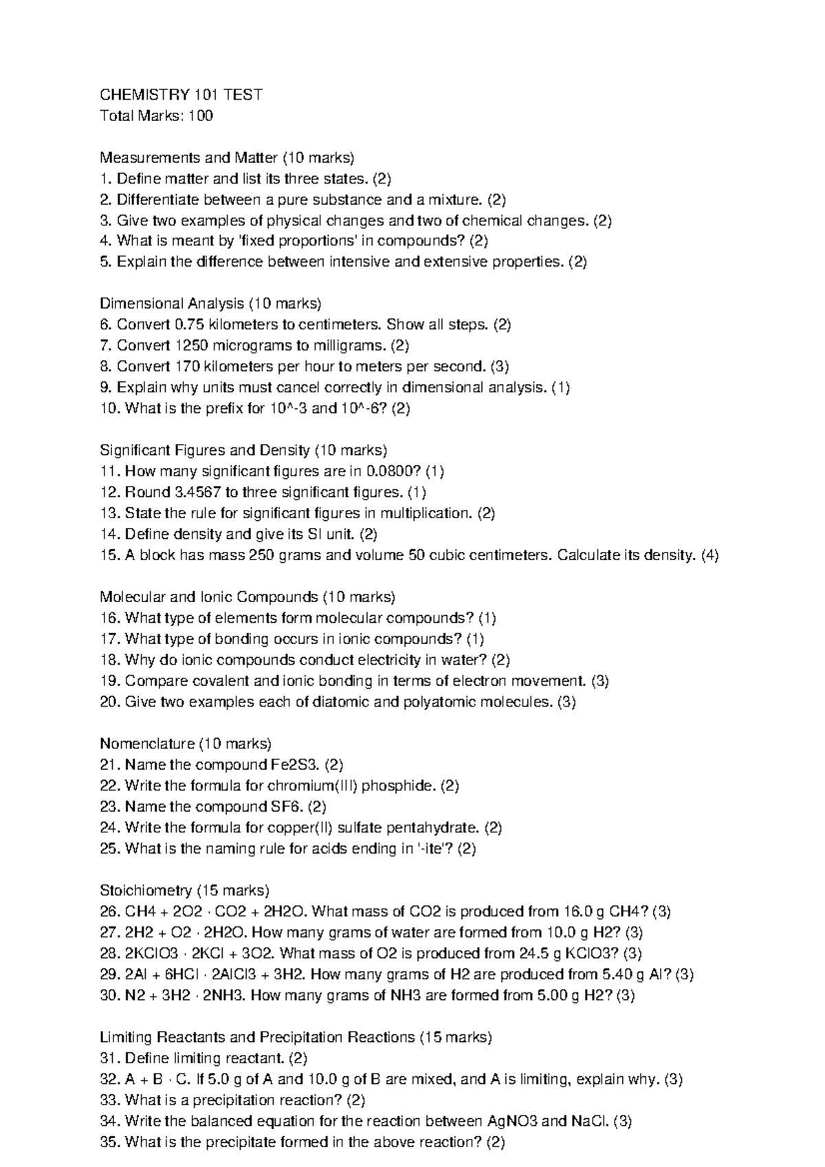 CHEM 101 Test: Measurements, Matter, and Reactions - Studocu