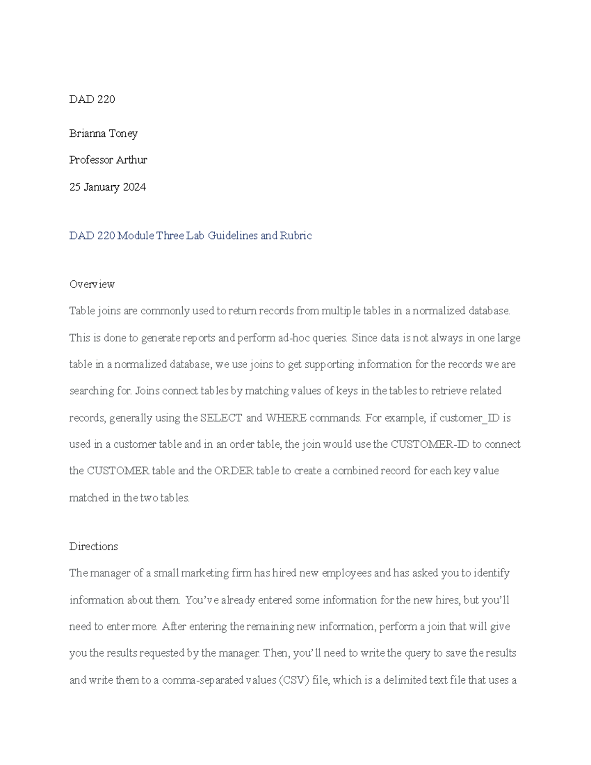 DAD 220 Module 3 Lab Assignment: Joins and CSV File Creation Guide - Studocu