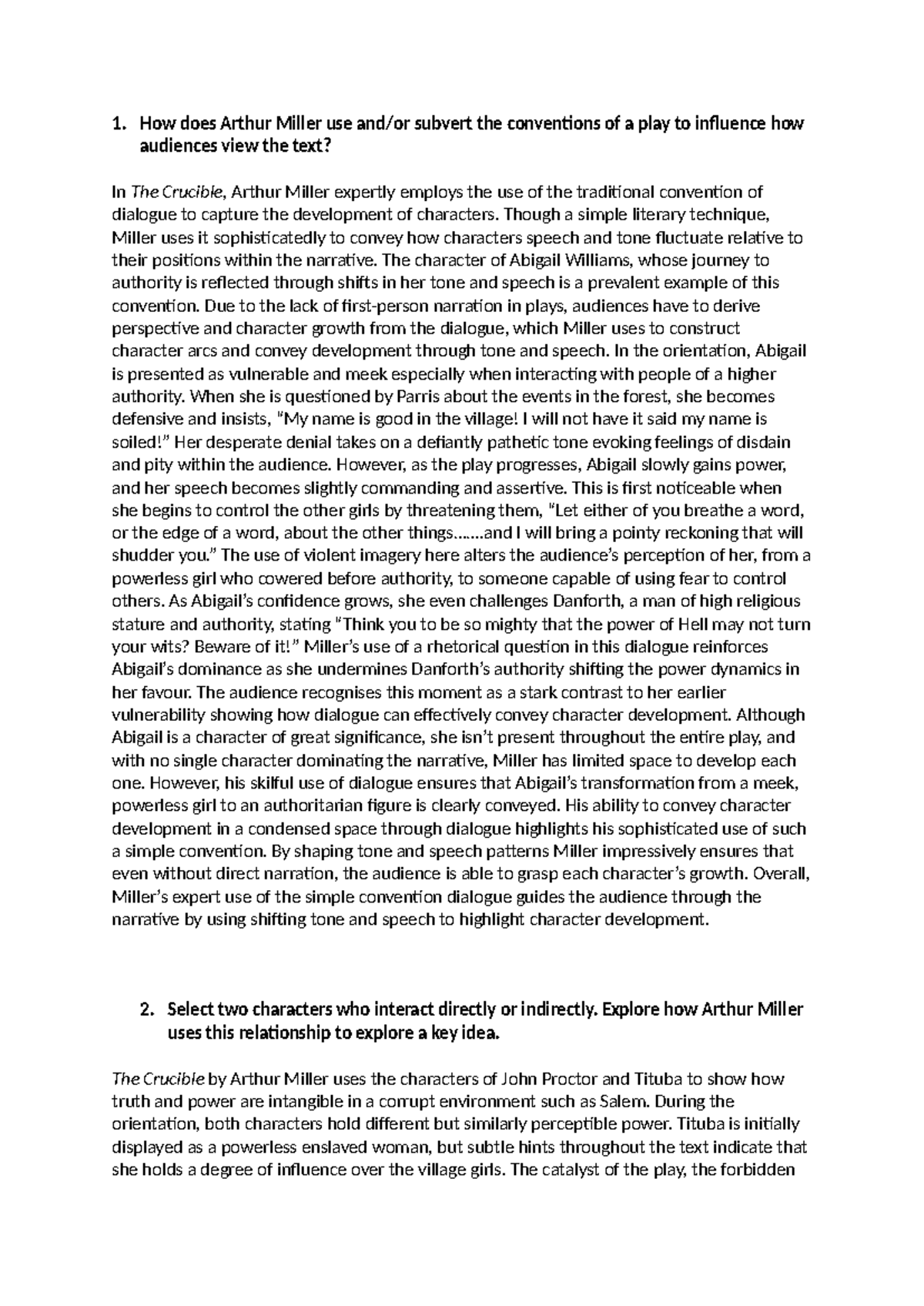 The Crucible analysis essay - How does Arthur Miller use and/or subvert ...