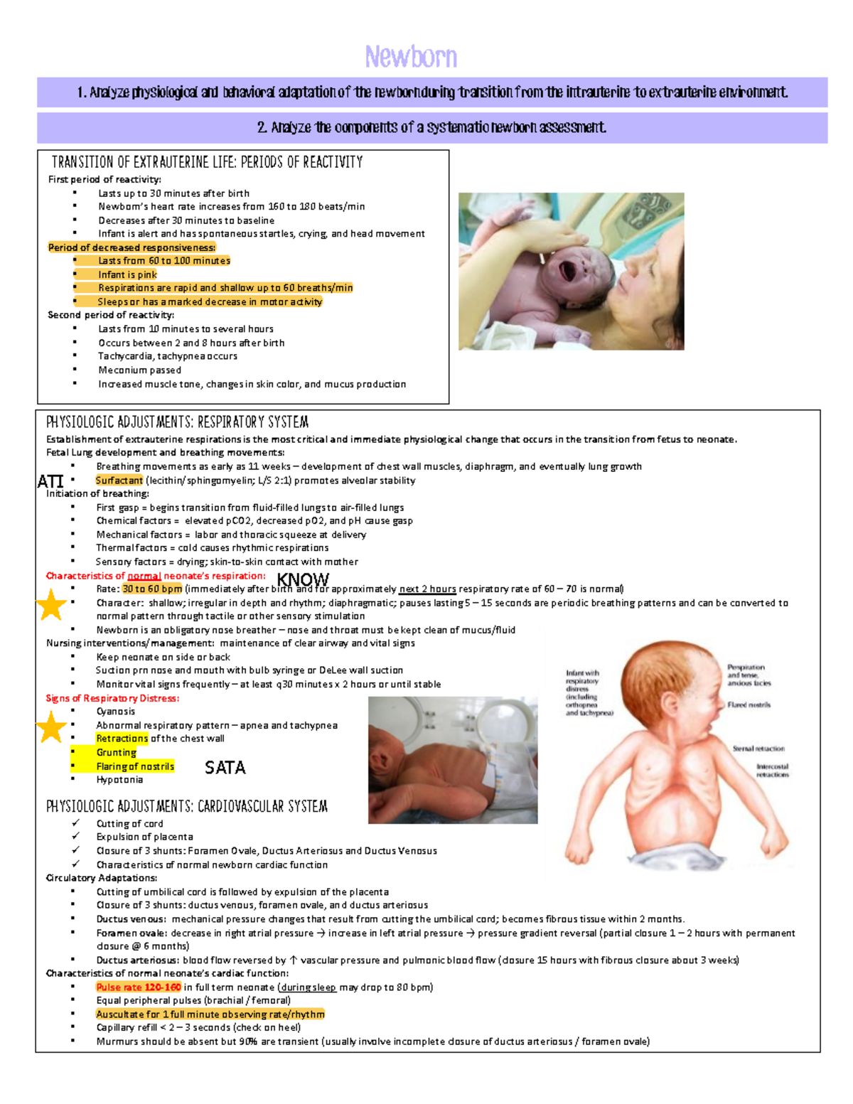 Newborn - OB/Peds - Transition of Extrauterine Life: Periods of Reactivity First period of - Studocu