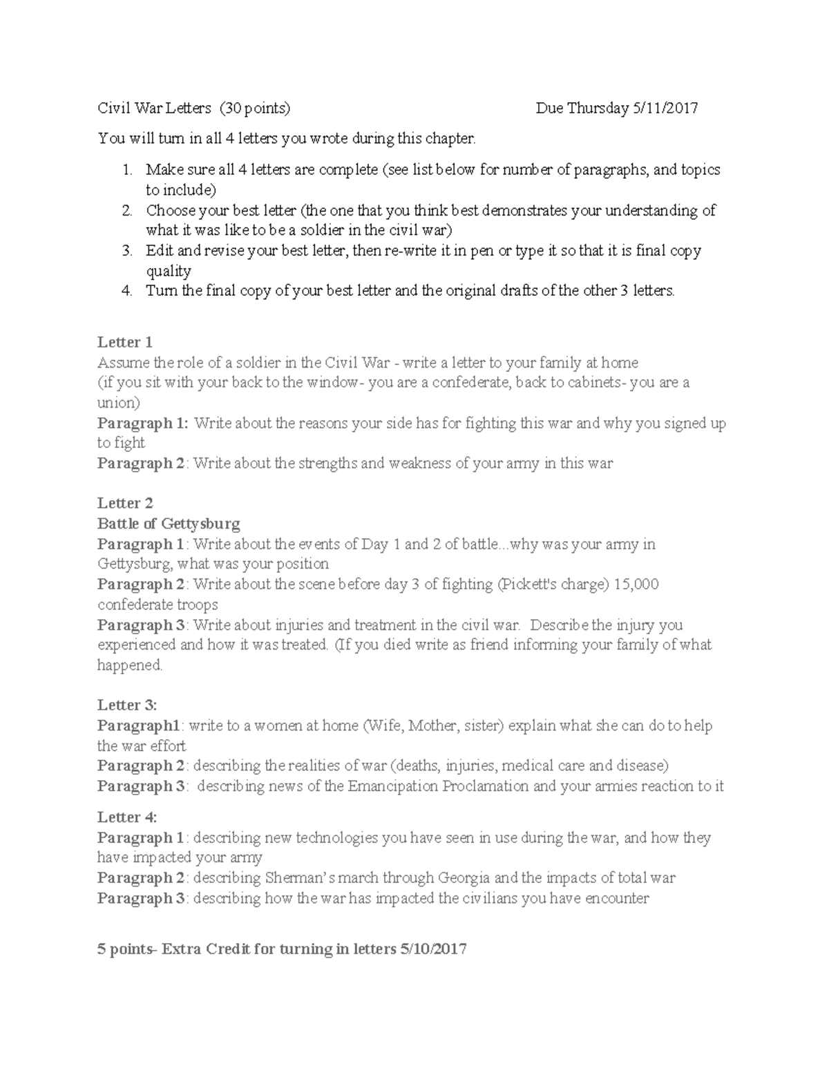 Civil War Letters Assignment (30 pts) - Due Thursday - Studocu