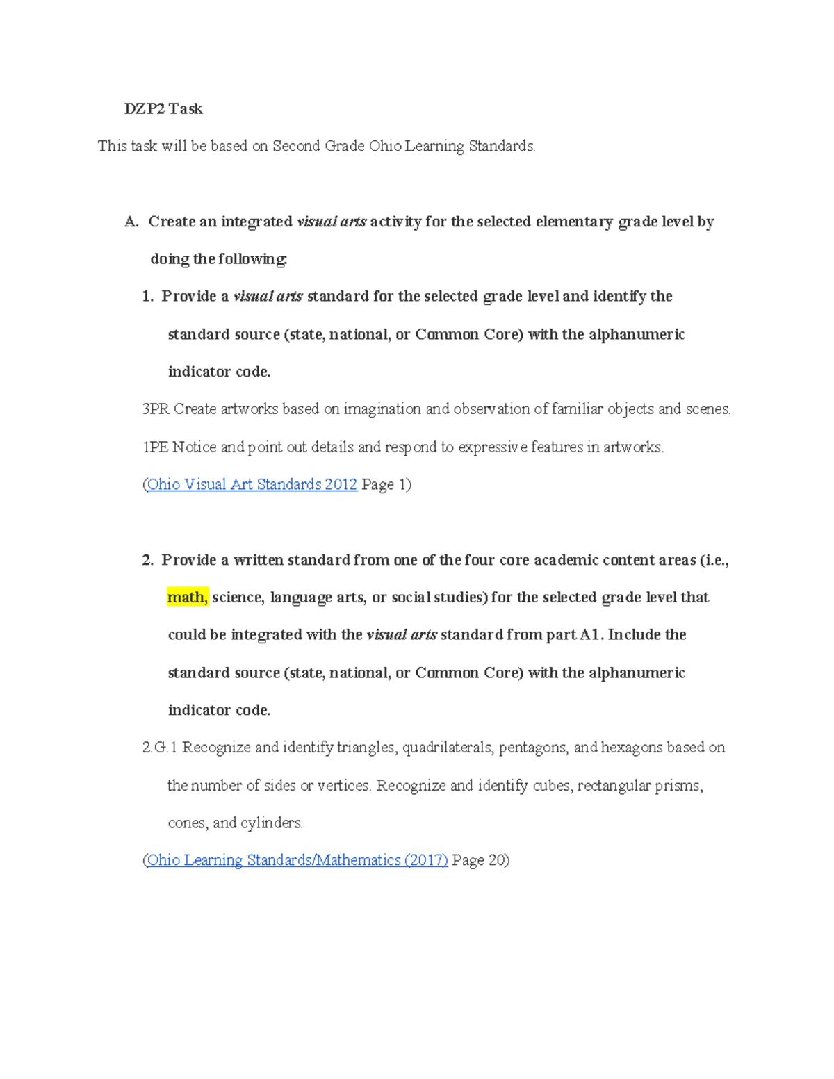 DZP2 Task - Integrated Visual Arts & Math Activity for 2nd Grade - Studocu