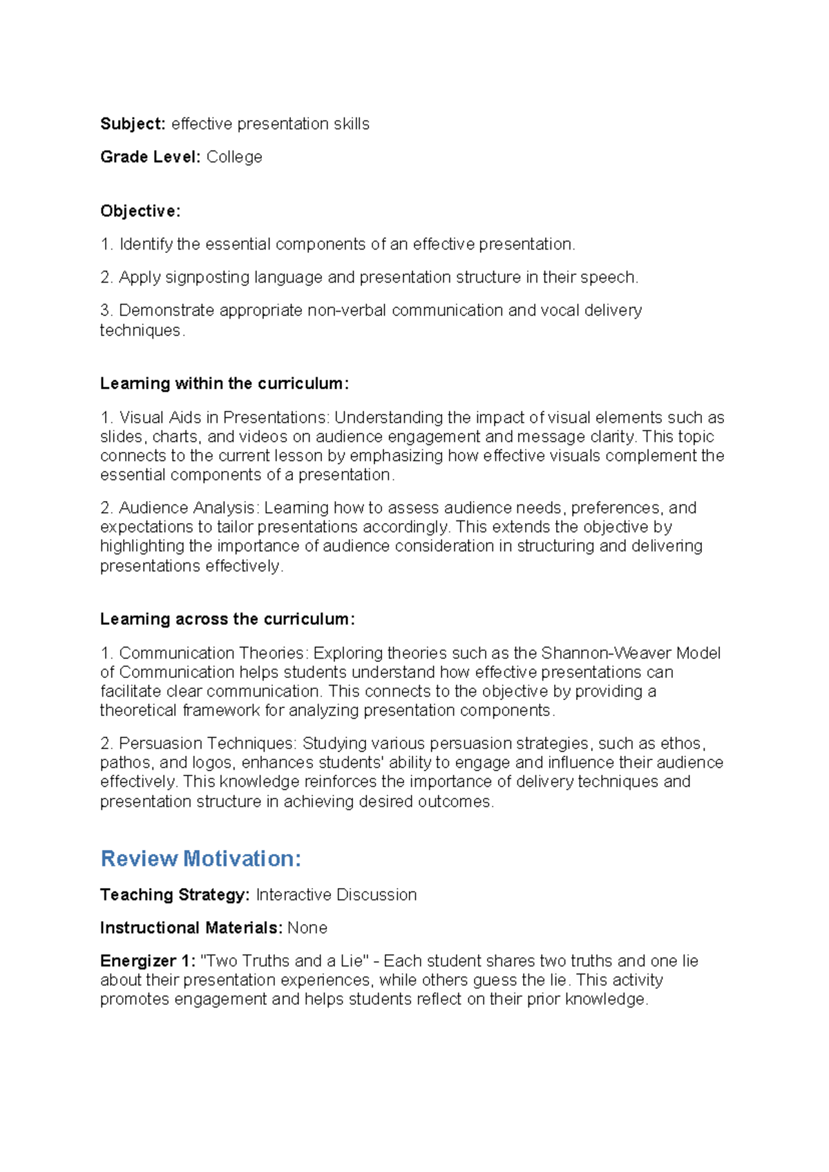 Effective Presentation Skills Lesson Plan - College Level - Studocu