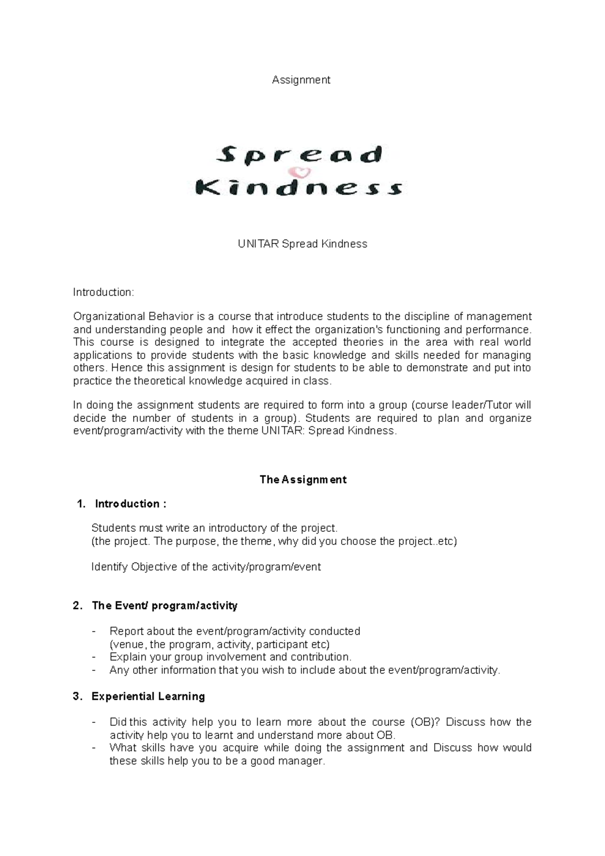 Assignment OB - Assignment UNITAR Spread Kindness Introduction ...