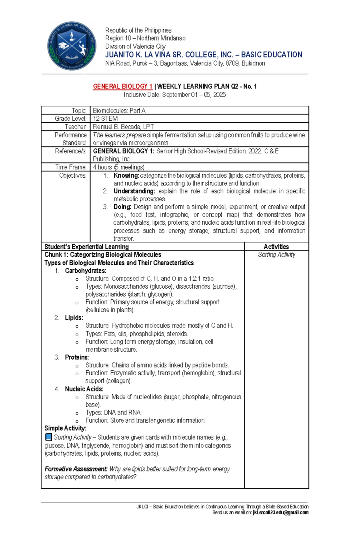 General Biology 1: Weekly Learning Plan Q2 - Biomolecules Activities ...