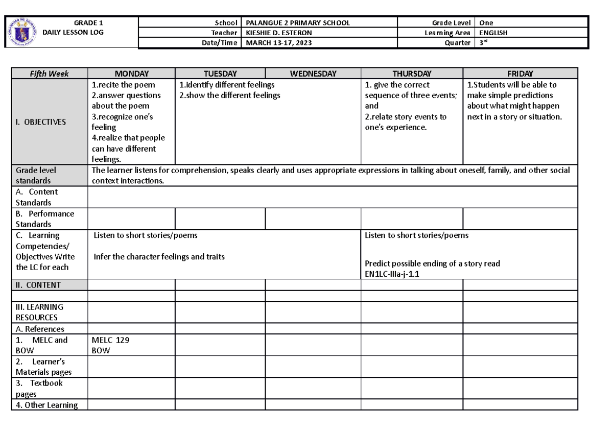 English 1-Q3-W5 - Daily Learning Plan and Lesson Activities - Studocu
