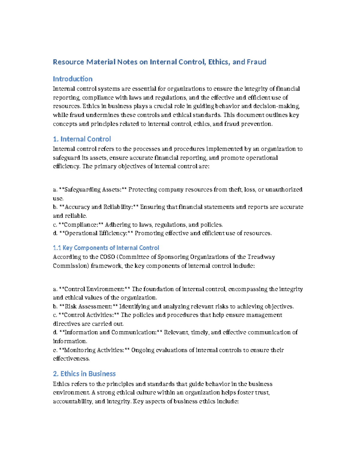 Internal Control Ethics and Fraud Notes - Resource Material Notes on ...