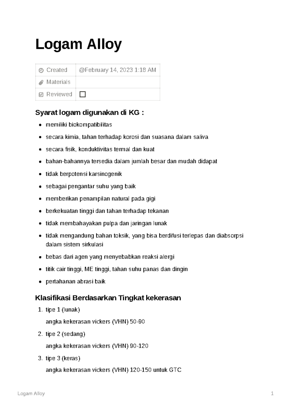 Klasifikasi dan Syarat Logam Alloy dalam Kedokteran Gigi - Studocu