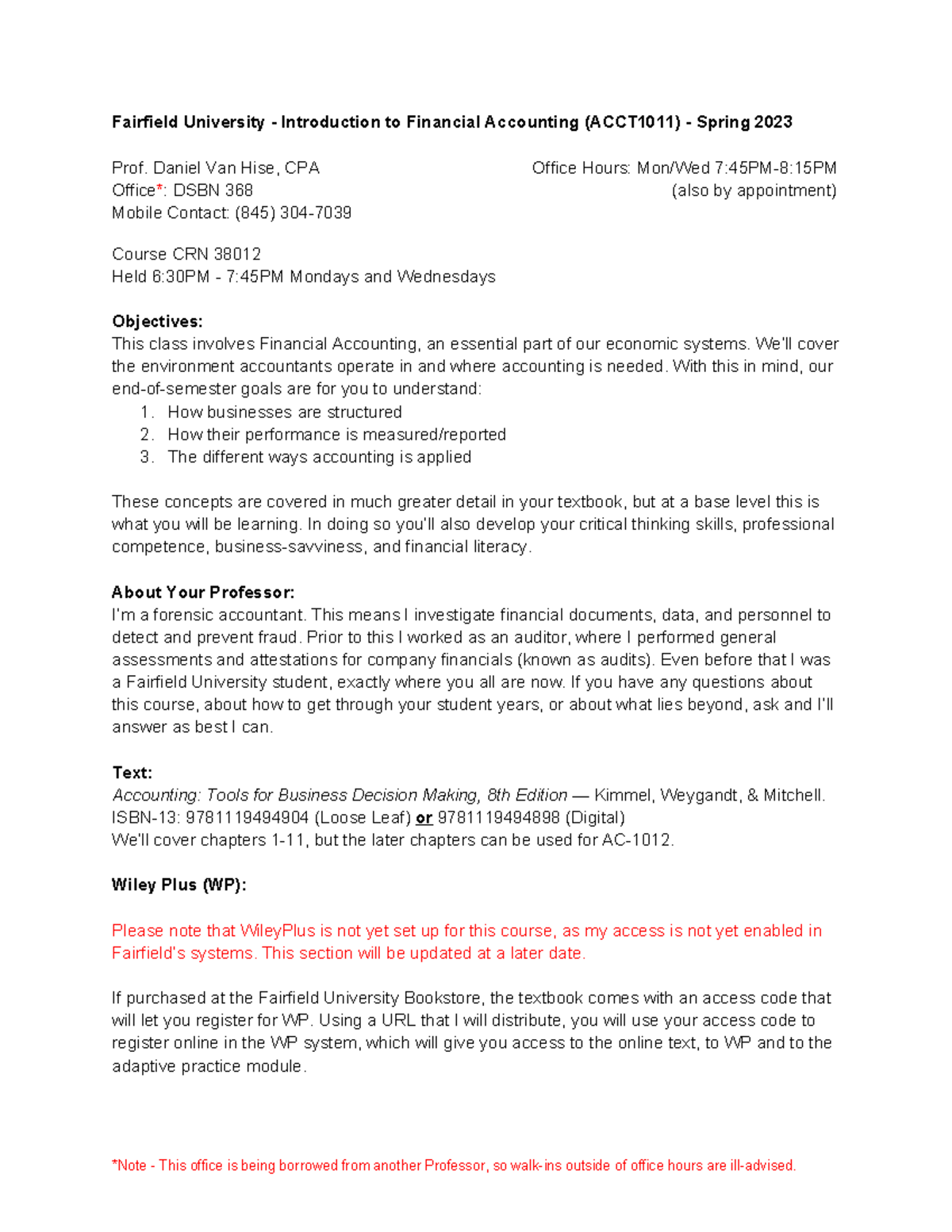 ACCT1011 - Financial Accounting Syllabus Spring 2023 by Prof. Van Hise ...