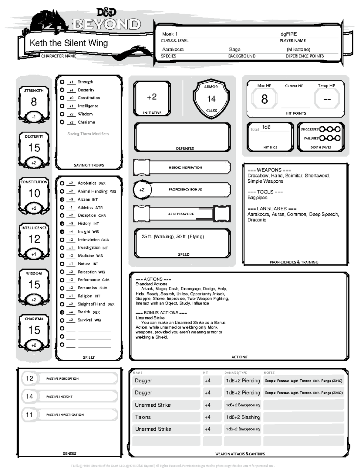 Dg FIRE 162343714 - Keth the Silent Wing Monk Character Sheet - Studocu