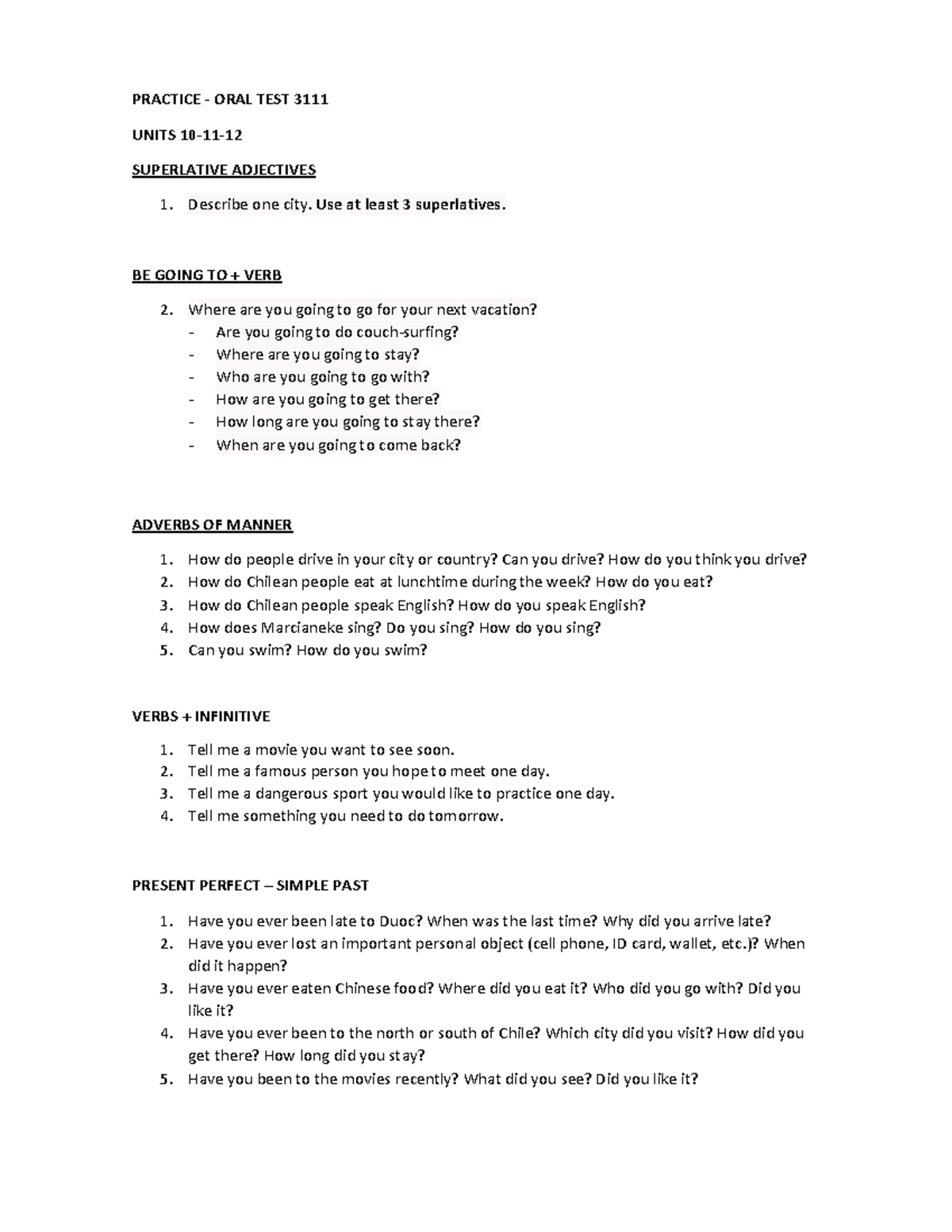 Oral Test Practice 3111: Units 10-12 and Writing Activities - Studocu