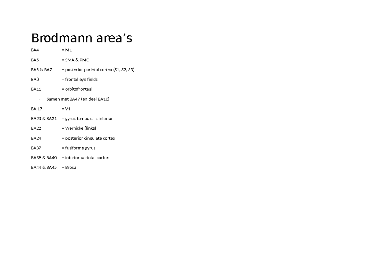 Brodmann areas - Neuropsychologie - Brodmann area’s BA4 = M BA6 = SMA ...