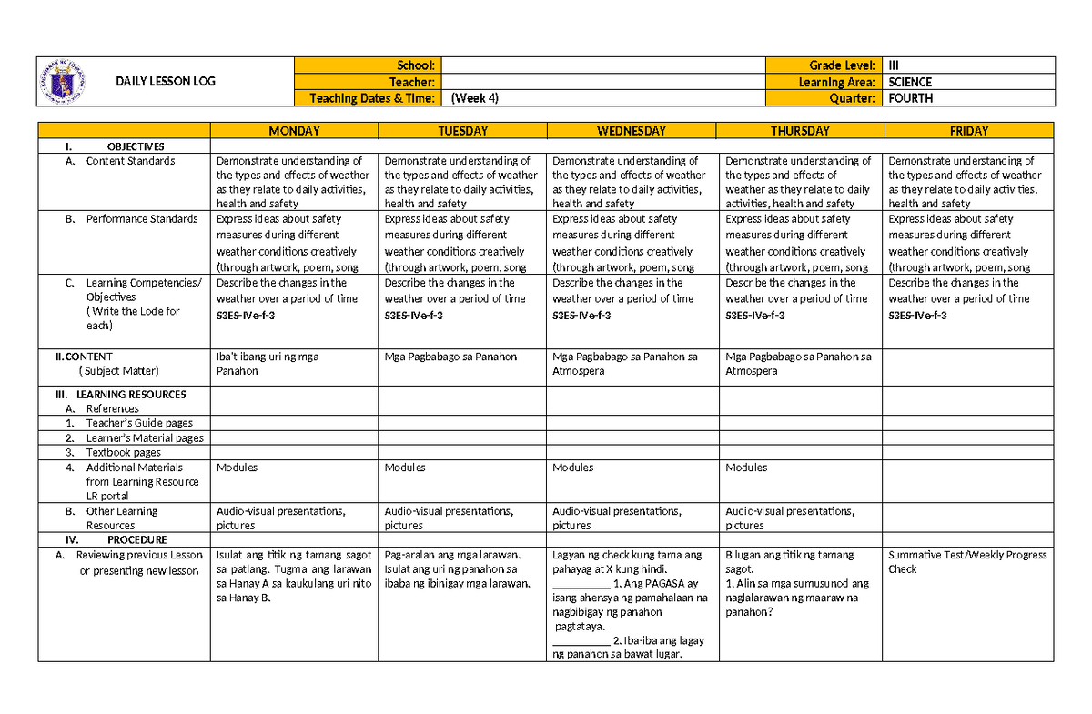 Q4 Science Daily Lesson Log: Weather Types & Effects (Week 4) - Studocu
