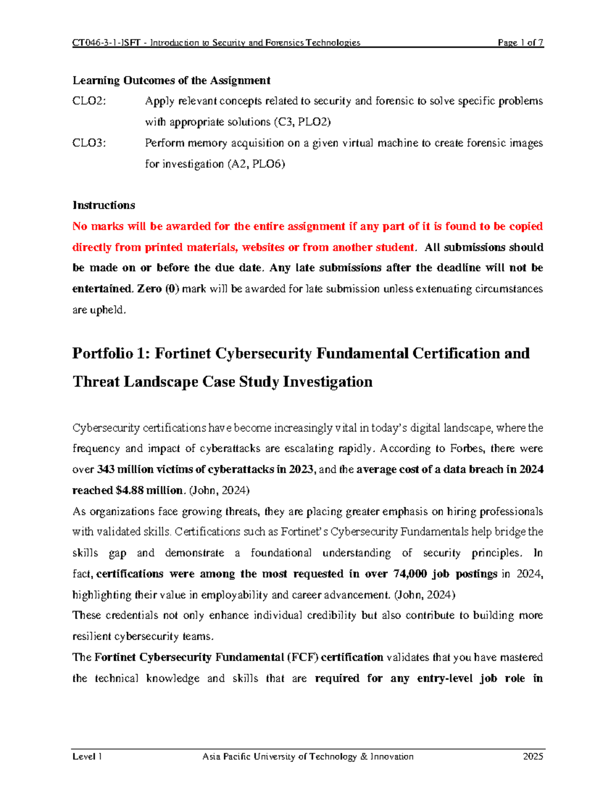 ISFT 2025: Cybersecurity & Forensics Technologies Assignment Portfolio - Studocu
