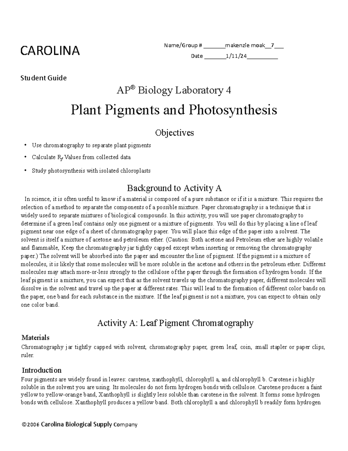 Photosynthesis Pigment Lab: Chromatography & Rf Value Analysis (AP Bio ...