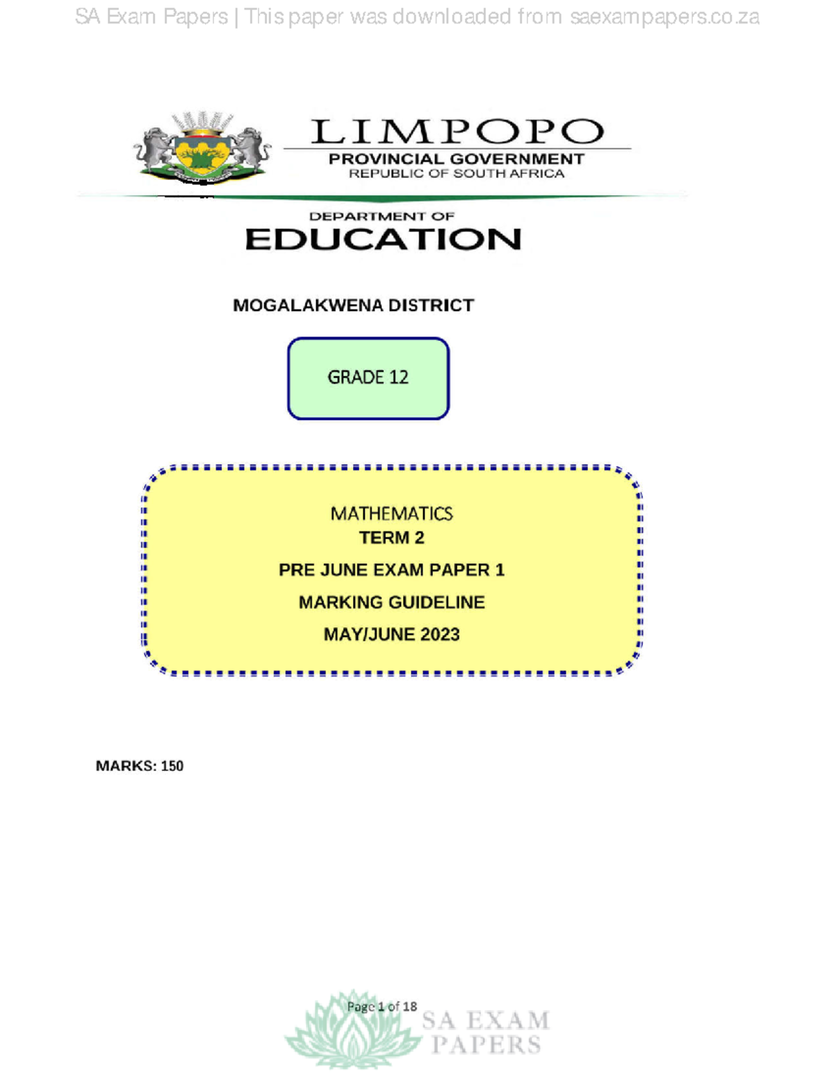 Mathematics NSC P1 Memo for May/June 2023 - Limpopo - Studocu