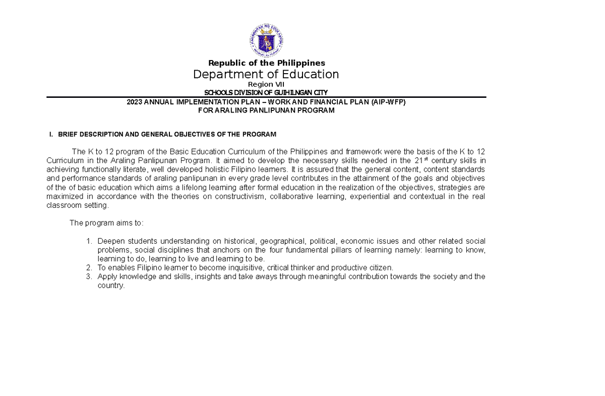 AP AIP 2023 final version 2 - Republic of the Philippines Department of ...
