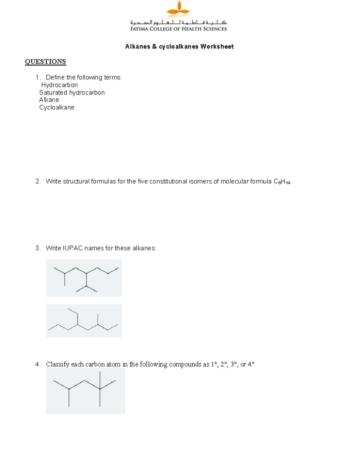 Alkanes & Cycloalkanes Worksheet (Chem 101) - Studocu