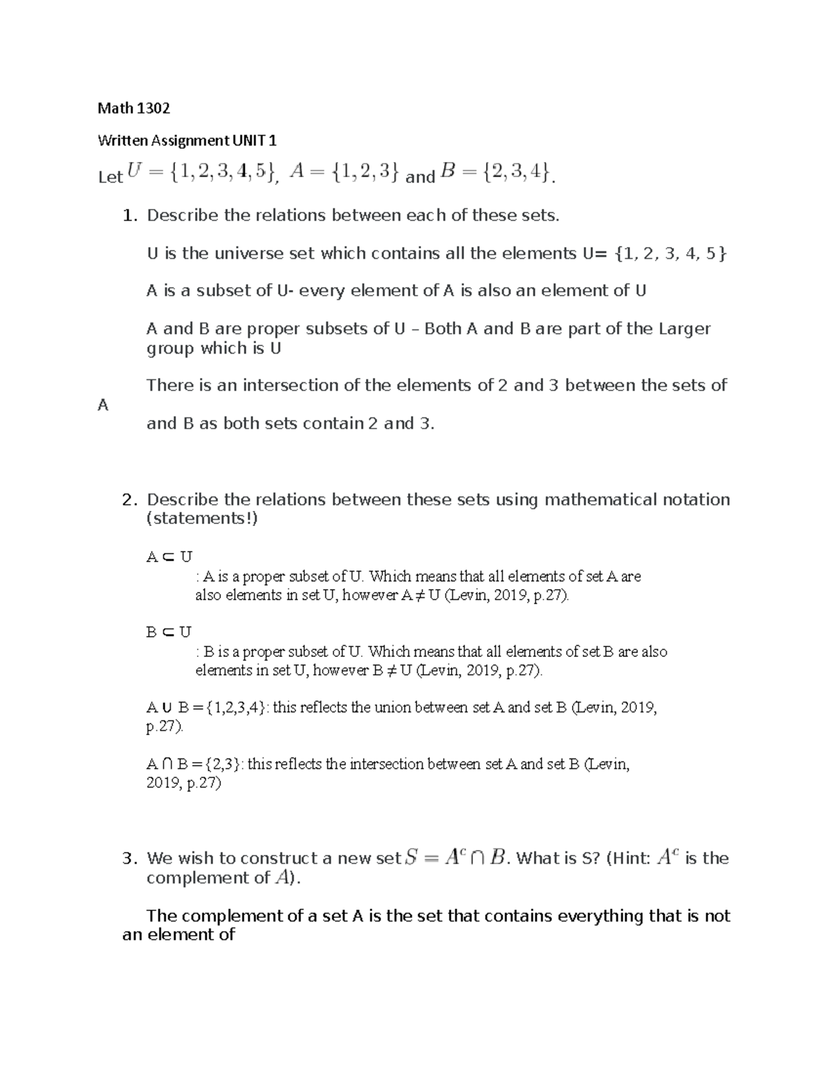 Written assignment - Math 1302 Written Assignment UNIT 1 Let , and ...