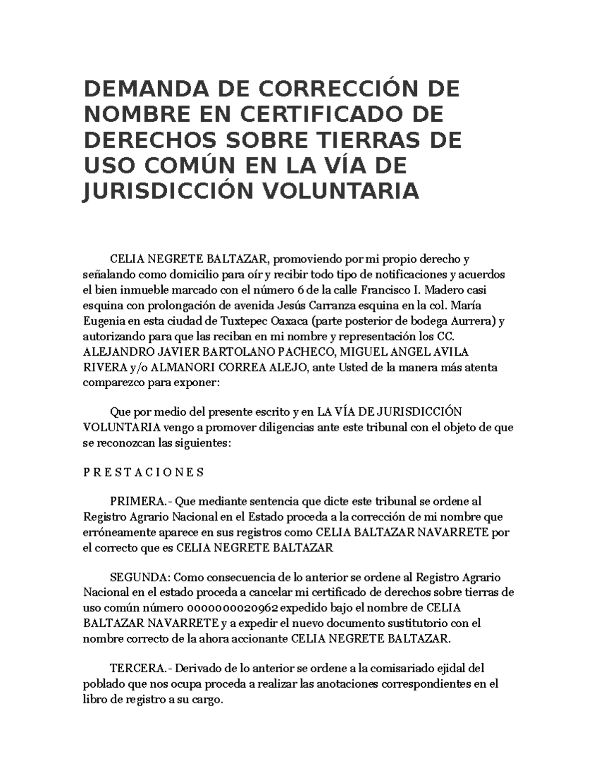 Demanda de Corrección de Nombre en Certificado de Derechos sobre ...