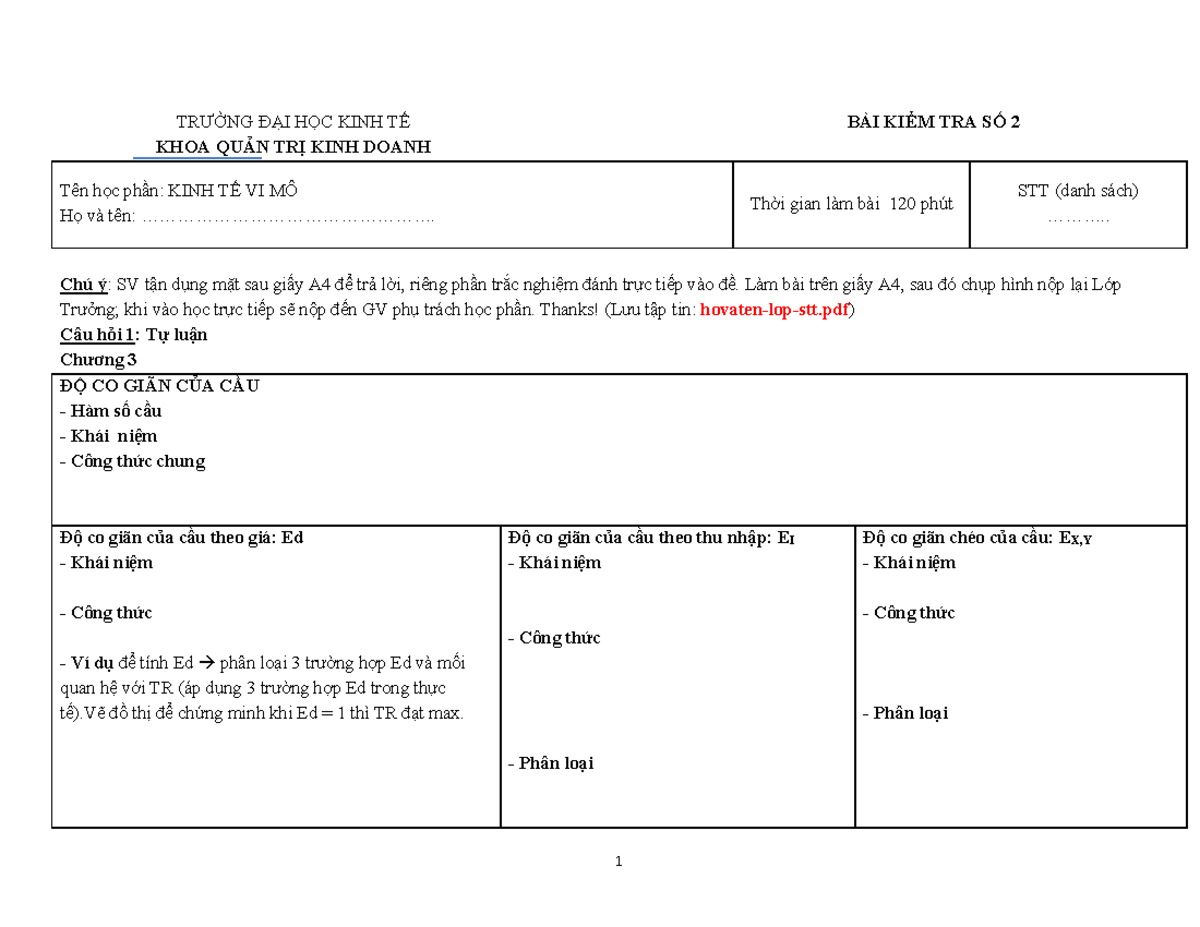 Ktravimo-so2 - TRƯỜNG ĐẠI HỌC KINH TẾ KHOA QUẢN TRỊ KINH DOANH BÀI KIỂM TRA SỐ 2 Tên học phần ...