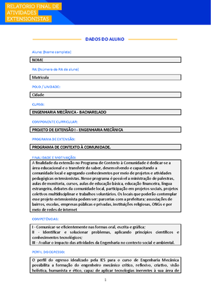 Modelo Proj Ext - DADOS DO ALUNO: Aluno: [Nome completo] RA: [Número do ...