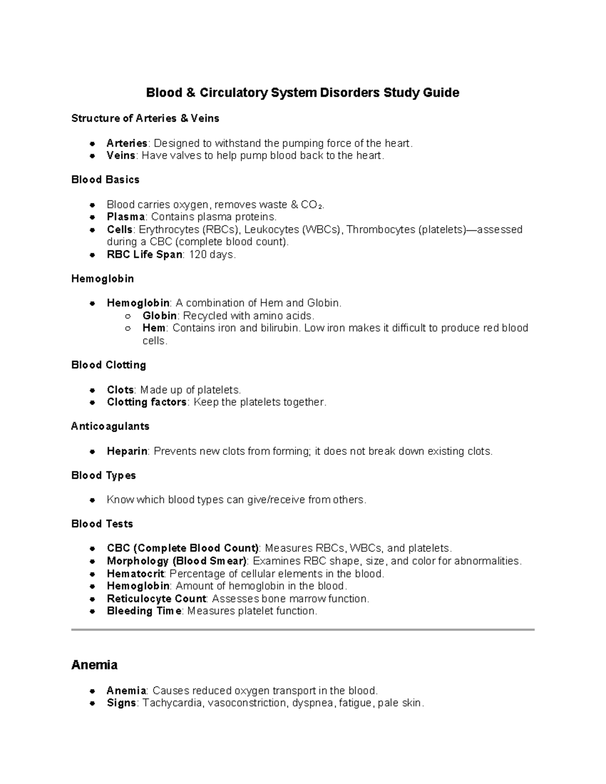 Blood & Circulatory System Disorders Study Guide - Blood & Circulatory ...