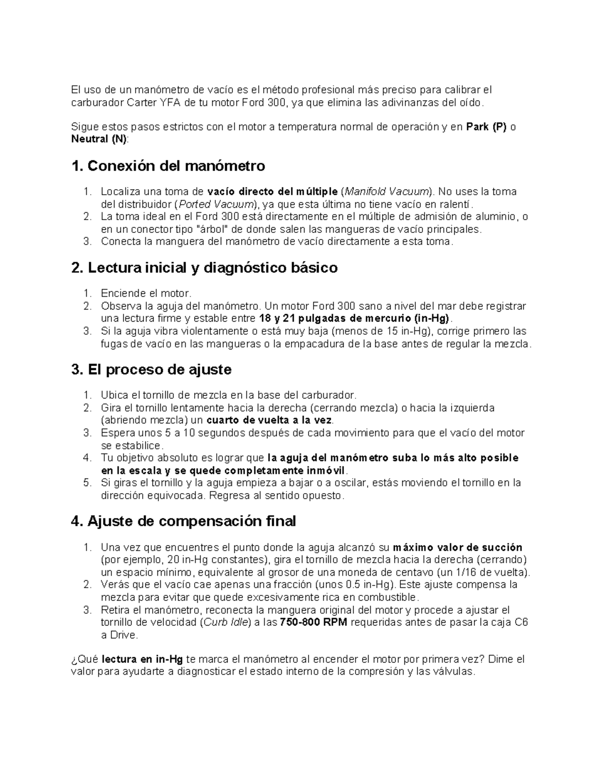 Ajuste de la Mezcla del Carburador Carter YFA con Manómetro de Vacío ...