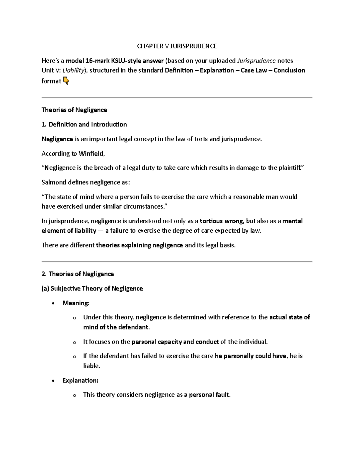 CHAPTER V: Jurisprudence - Theories of Negligence Explained - Studocu